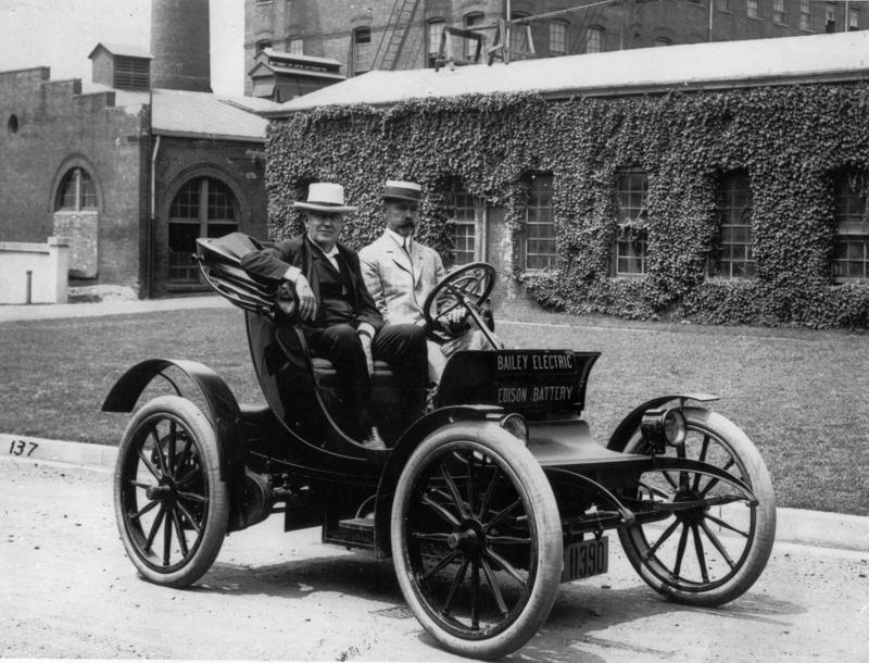 Thomas Alva Edison in his Bailey electric car powered by Edison battery ...
