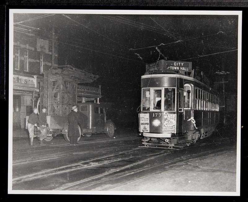 [Tram 177 at night with overhead wire truck] - Museum of Transport and ...
