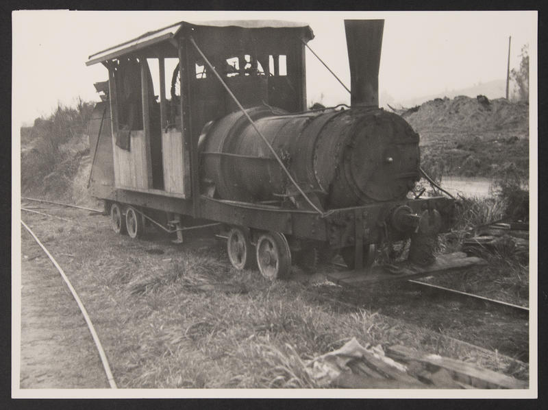 Dilapidated bush tram E111 locomotive sitting on overgrown rails ...