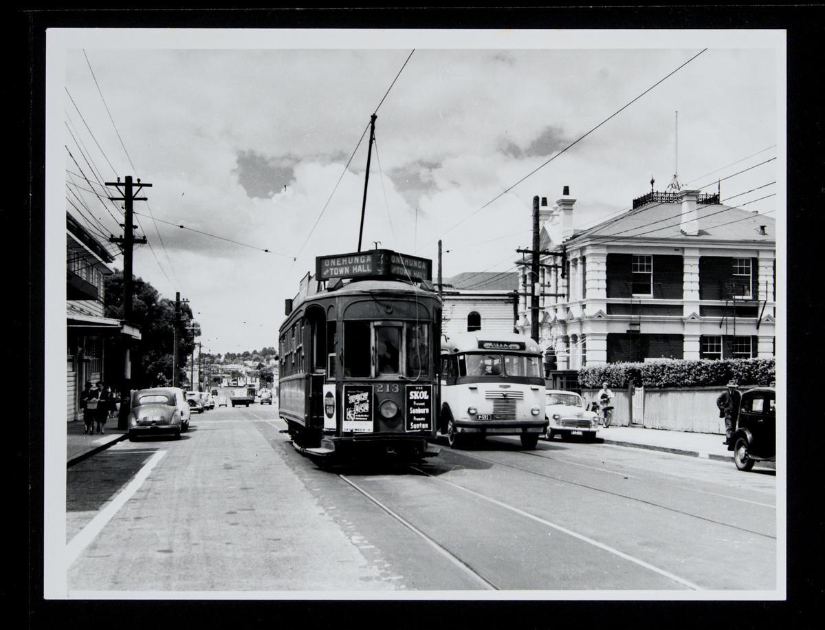 [Tram 213 on Onehunga Mall with bus overtaking] - Museum of Transport ...