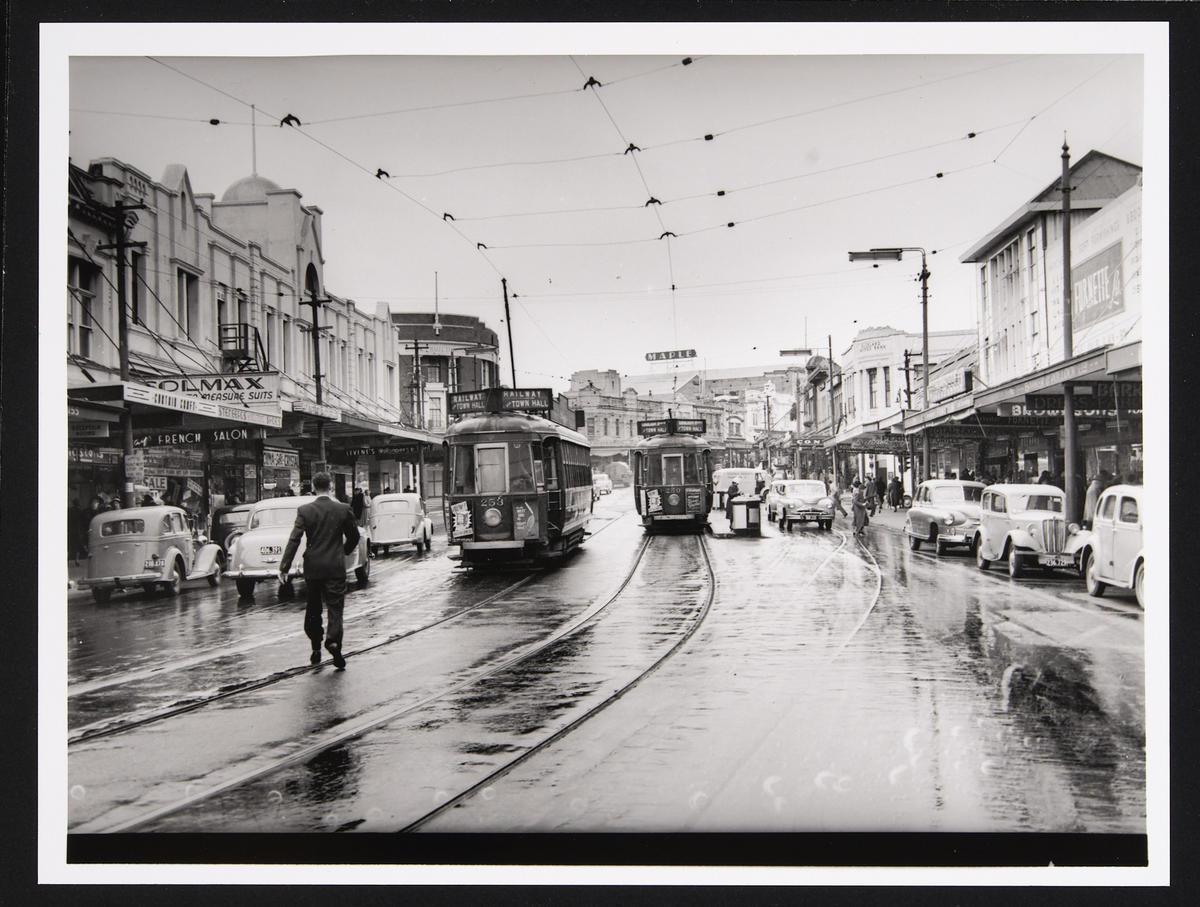 [Tram 253 and 250 on Karangahape Road] - Museum of Transport and Technology, New Zealand