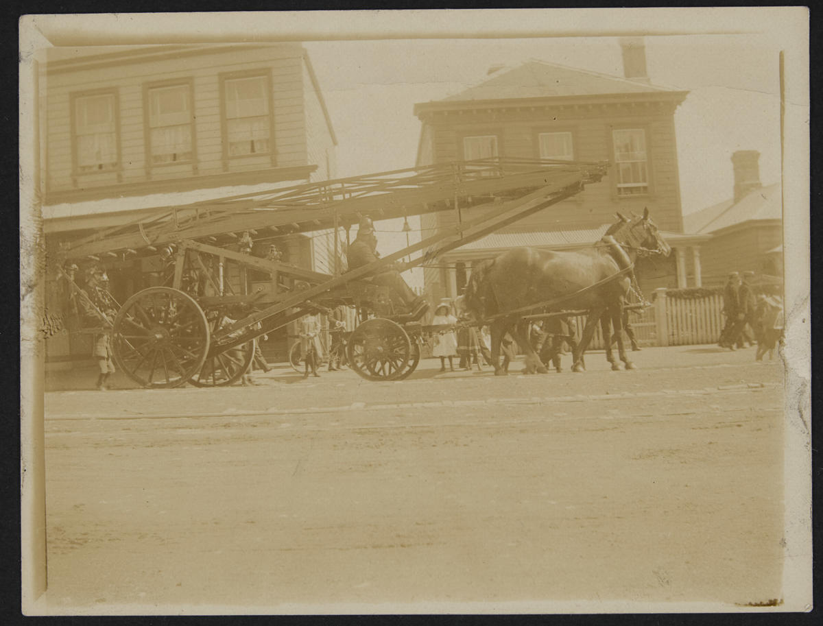 Ponsonby fire brigade's horse-drawn ladder wagon, c 1900 - Museum of ...